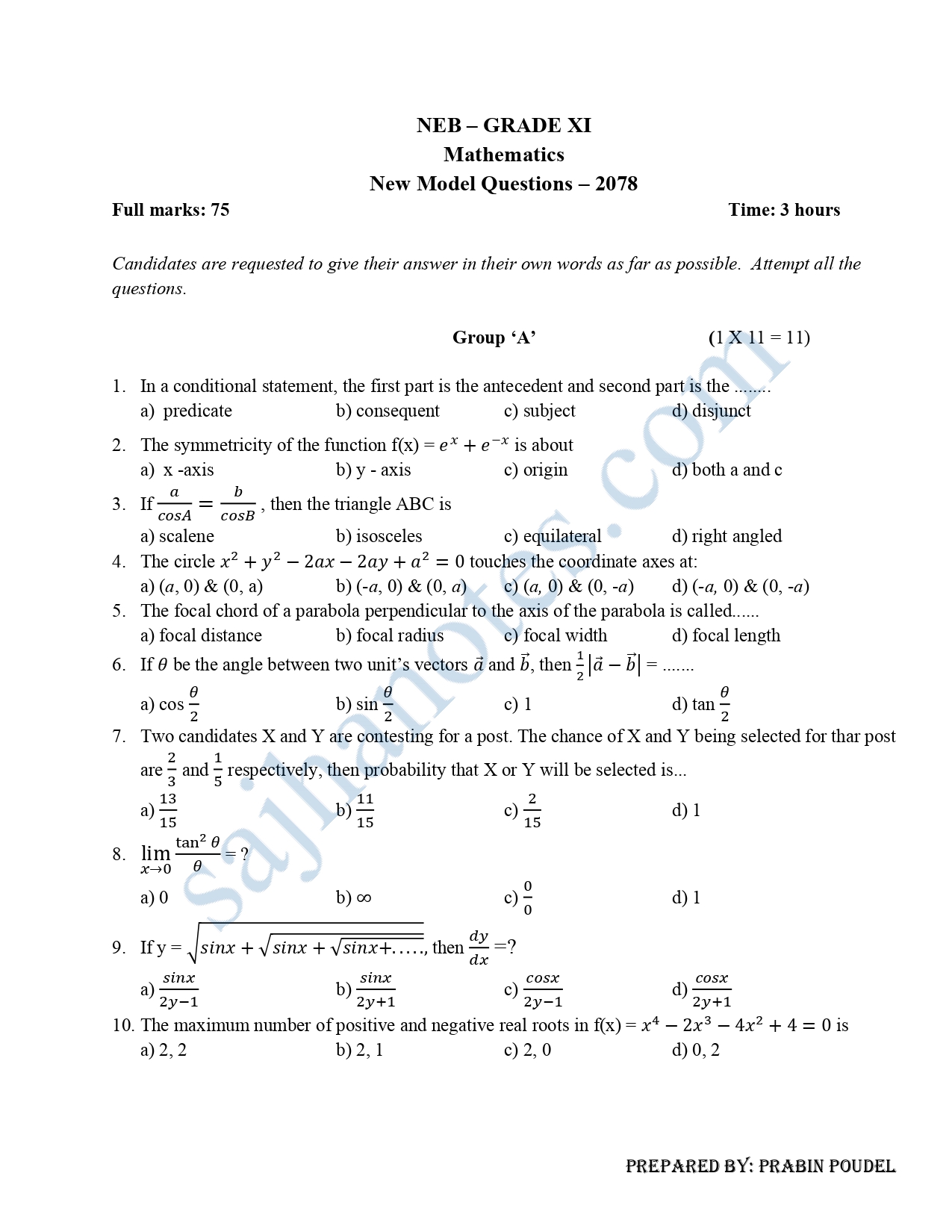 NEB Grade 11 Math Model Paper 2078 | NEB Papers | Sajha Notes