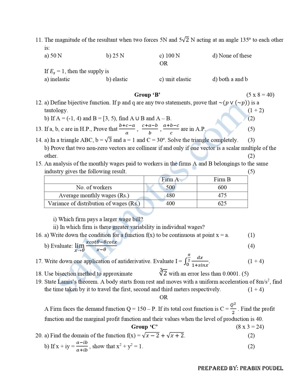 NEB Grade 11 Math Model Paper 2078 | NEB Papers | Sajha Notes